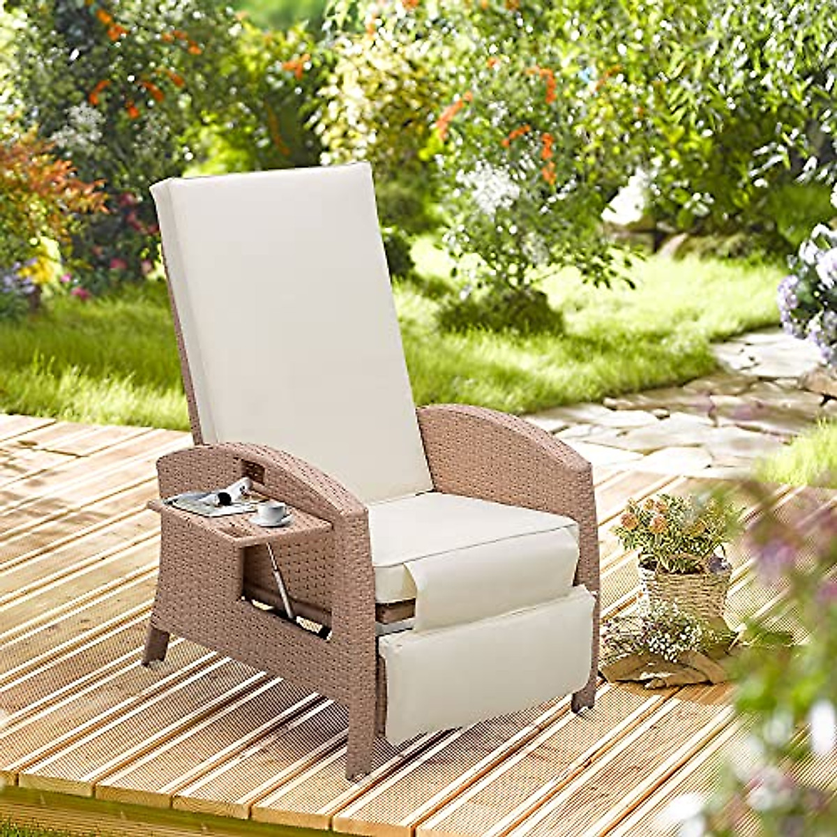 Outsunny Patio Recliner, Outdoor Reclining Chair with Flip-Up Side Table, All-Weather Wicker Metal Frame Chaise with Footrest, Cushions, Beige