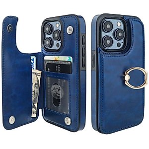 Onetop for iPhone 15 Pro Wallet Case with Card Holder, 360° Rotation Ring Kickstand RFID Blocking PU Leather Double Magnetic Clasp Shockproof Cover for Women and Girls 6.1 Inch (Blue)