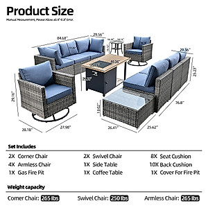 CAODOC 11 Pieces Outdoor Patio Furniture Set, Rattan Wicker Sectional Swivel Rocker Chairs Sets with Fire Pit, Swivel Glider Chairs, and Coffee Table