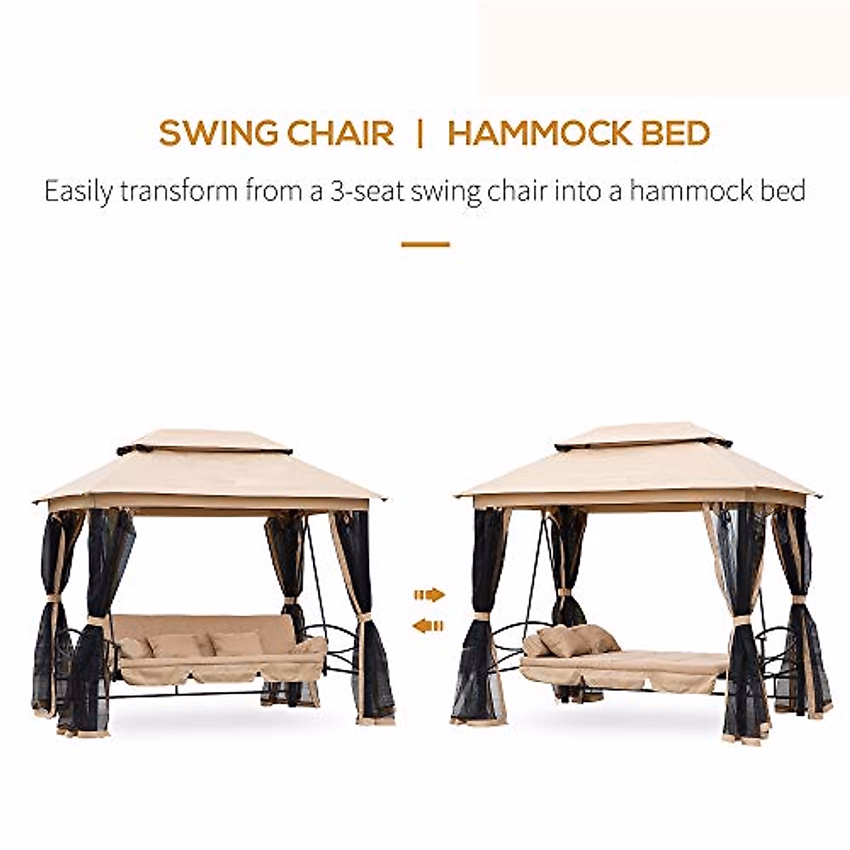 Outsunny 3-Seat Patio Swing Chair, Outdoor Gazebo Swing with Double Tier Canopy, Mesh Sidewalls, Cushioned Seat and Pillows, Beige