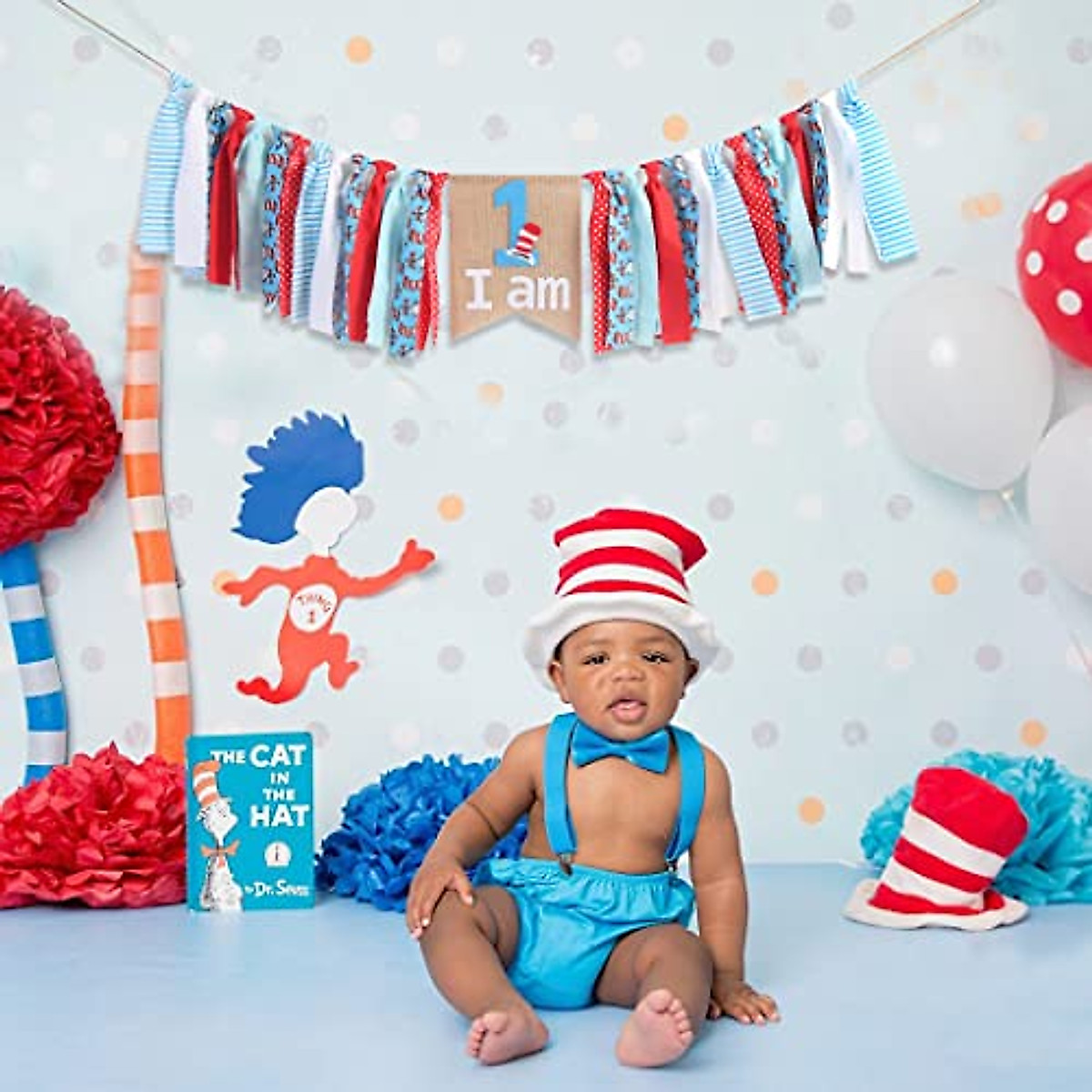 Dr. Seuss Inspired Birthday Banner - High Chair Banner Photo Props, 1st Birthday High Chair Banner, I Am 1, Turquoise Blue Red Dot Cat in Hat Dr Seuss Inspired Chevron Ribbon Lace Themed Party Decor High Feet Chair, Dr. Seuss Cat in Hat, Garland/banner Ph