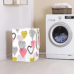 Inhomer Glittering Gold Pink Hearts Pattern Large Laundry Hamper Waterproof Collapsible Clothes Hamper Basket for Clothing Toy Organizer, Home Decor for Bedroom Bathroom