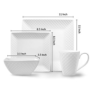 32 Pc. Square Basketweave Porcelain Dishes Set – White Dinner Plates, Bowls, Coffee Cups