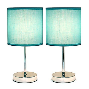 Simple Designs LT2007-BLU-2PK Chrome Mini Basic Table Lamp with Fabric Shade 2 Pack Set, Blue Turquoise