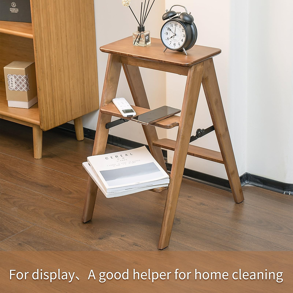 HYNAWIN 3 Tier Bamboo Ladder, Multi-Functional Foldable Ladder, Portable Bamboo Step Ladder with Wide Anti-Slip Pedals for Home, Kitchen, Office, Space-Saving