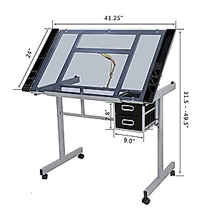 ZENY Adjustable Drafting Table, Glass Art Table Artist Drawing Desk Craft Table, Tilting Draft Table Desk on Wheels