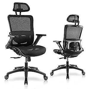 Ergonomic Office Chair, High Back Mesh Office Chair with 4D Adjustable Flip-Up Armrest, Swivel Rolling Computer Desk Chair with Lumbar Support and Adjustable Headrest, Tilt Function, Black