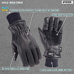 Wells Lamont Men's Black HydraHyde Leather Winter Work Gloves | Water-Resistant | Insulated | Large (1202LK)