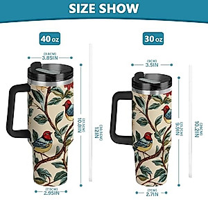 Selerdon 40 oz Tumbler Flowers Birds with Handle and Straw Lid Vacuum Stainless Steel Insulated Water Bottle Travel Mug Car Cup Holder Friendly BPA Free for Gym Travel Office