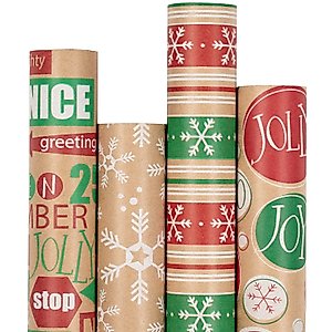 RUSPEPA Christmas Wrapping Paper, Kraft Paper - Snowflakes, Red and Green Stripe and Christmas Greetings - 4 Rolls - 30 inches x 10 feet per Roll