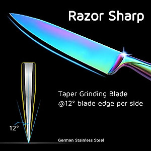 WELLSTAR Kitchen Knife Set 3 Piece, Razor Sharp German Stainless Steel Blade and Comfortable Handle with Rainbow Titanium Coated, Chef Santoku Paring for Cutting Dicing Mincing and Peeling, Gift Box