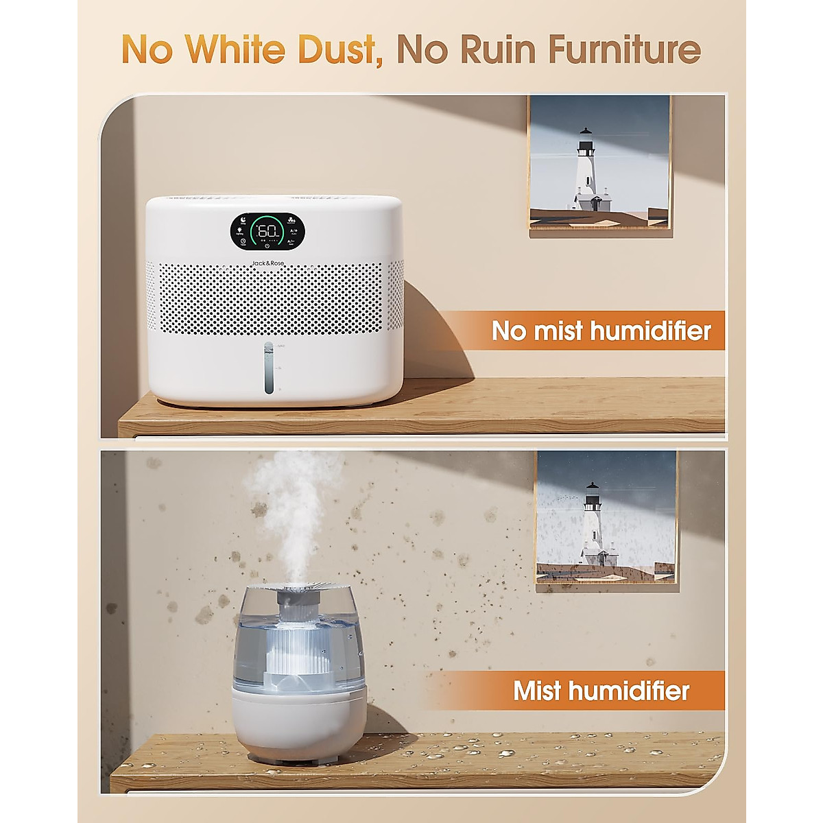 Reuseable Wick Evaporative Humidifier for Bedroom Quiet Healthy Baby Humidifier, No White Dust, Evaporative Humidifier Large Room 800ml/h 3 Speeds, 2 Gal, Timing, Auto Shut off