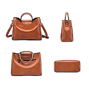SMALLBLUER Women Oil Wax Leather Tote Hobo Shoulder Crossbody Large Capacity Simple Satchels Purse Clutches Handbags-Brown