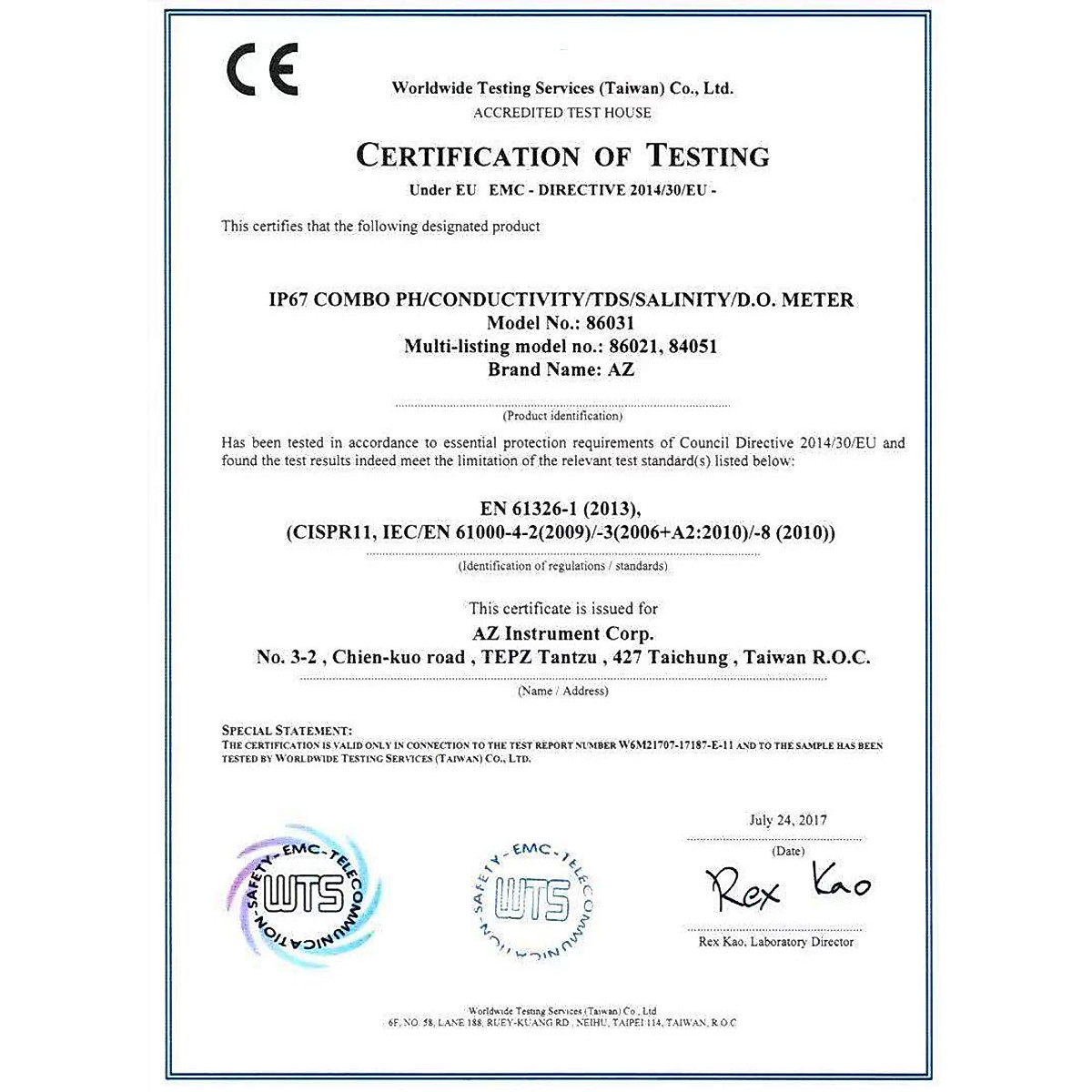 AZ-86031 5 in 1 Water Quality Meter Dissolved Oxygen Tester PH Meter PH Conductivity Salinity Temperature Meter AZ86031