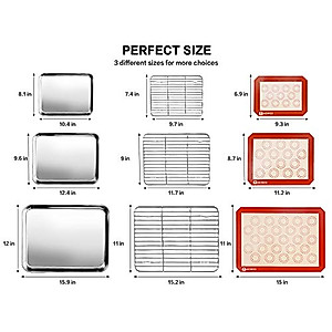 Stainless Steel Baking Sheet Tray Cooling Rack with Silicone Baking Mat Set, Cookie Pan with Cooling Rack, Set of 9 (3 Sheets + 3 Racks + 3 Mats), Non Toxic, Heavy Duty & Easy Clean