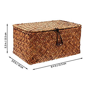 BESPORTBLE Wicker Baskets Desk Makeup Organizer Seagrass Storage Baskets with Lid Rectangular Rattan Storage Basket Wicker Box Bin Organizer for Makeup Clothes Small Outdoor Storage Box Small Basket