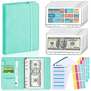 LINTRU Budget Binder with Zipper Envelopes, Money Organizer for Cash, A6 Binder with 10pcs Cash Envelopes for Budgeting, 12pcs Budget Sheets and 36pcs Stickers for Savings Binder (Ice Green)