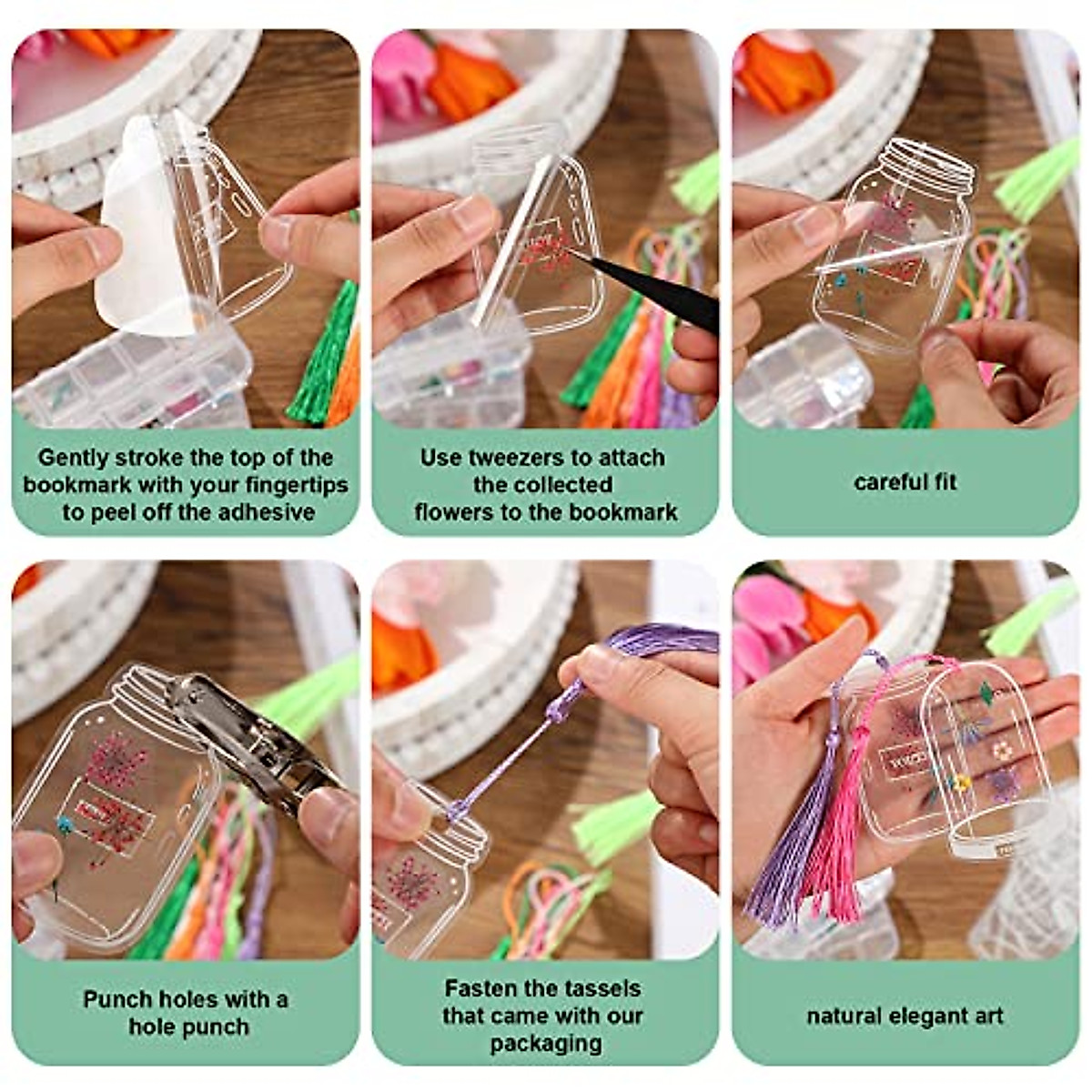 120 Pieces Mixed Size Transparent Dried Flower Bookmarks Kit Cute Bottle Shaped Flower Bookmark Maker Handmade DIY Transparent Floral Page Clear Floral Bookmark Point Tweezer Hole Punch