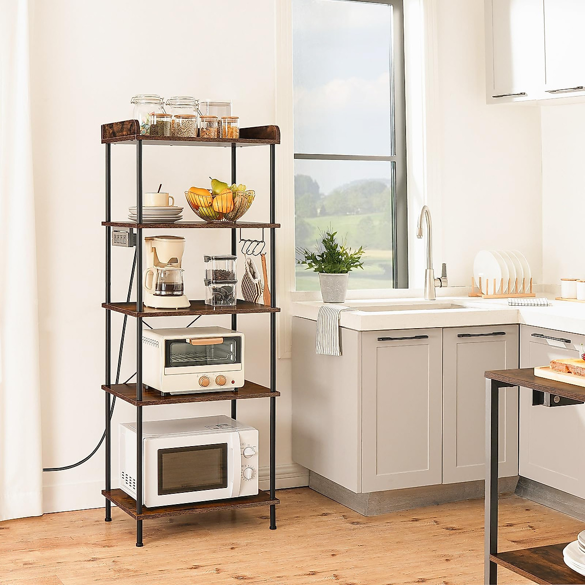 HOOBRO Kitchen Bakers Rack with Power Outlet, 5-Tier Free Standing Kitchen Storage Shelf Rack, Microwave Stand with 4 S-Shaped Hooks, Rustic Brown and Black BF55UHB01