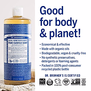 Dr. Bronner's - Pure-Castile Liquid Soap (Peppermint, 32 ounce and 2oz bundle) - Made with Organic Oils, 18-in-1 Uses: Face, Body, Hair, Laundry, Pets and Dishes, Concentrated, Vegan, Non-GMO