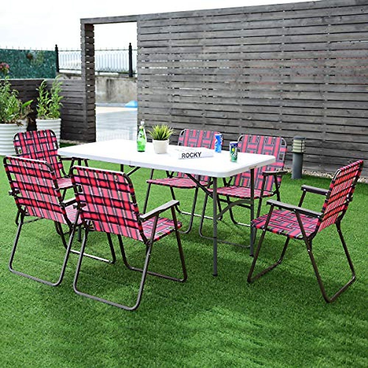 GYMAX Folding Chair, 6Pcs Patio Lawn Chair Set with Armrest, Indoor/Outdoor 6 Pack Webbed Lightweight Dinning Chair, Portable Beach Chair for Outside, Poolside, Backyard (Red)