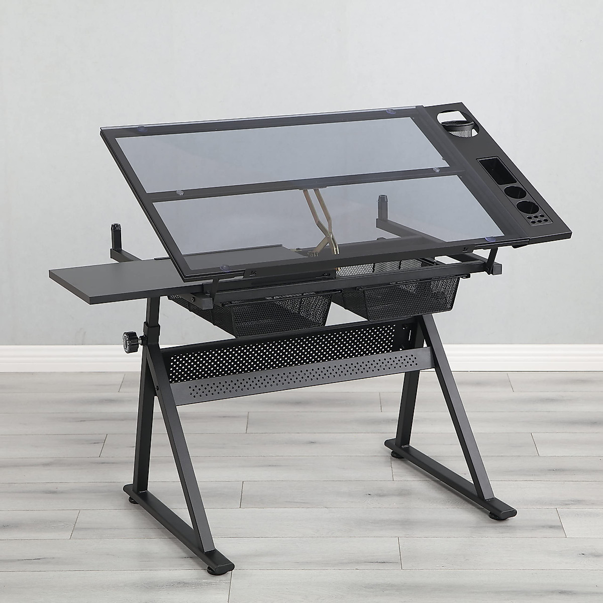 LKKRO Black Adjustable Tempered Glass Drafting Printing Table with Chair