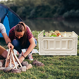LUGBING Folding Storage Box, Outdoor Portable Camping Collapsible Storage Bin with Wooden Lid Plastic Storage Container for Car, Toys, Camping, Picnic
