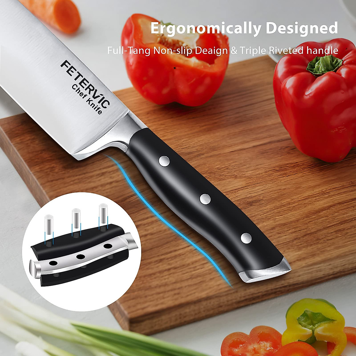 FETERVIC Chef Knife 8 Inch Chef's Knife with Knife Sharpener, German High Carbon Stainless Steel Kitchen Knife with Triple-Rriveted Ergonomic Handle & Gift Box