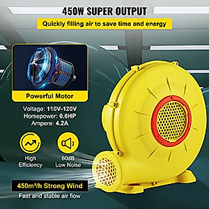 VEVOR Air Blower, 450W 0.6HP Inflatable Blower, Portable and Powerful Bounce House Blower, 1750Pa Commercial Air Blower Pump Fan, Used for Inflatable Bouncy Castle and Jump Slides, Yellow