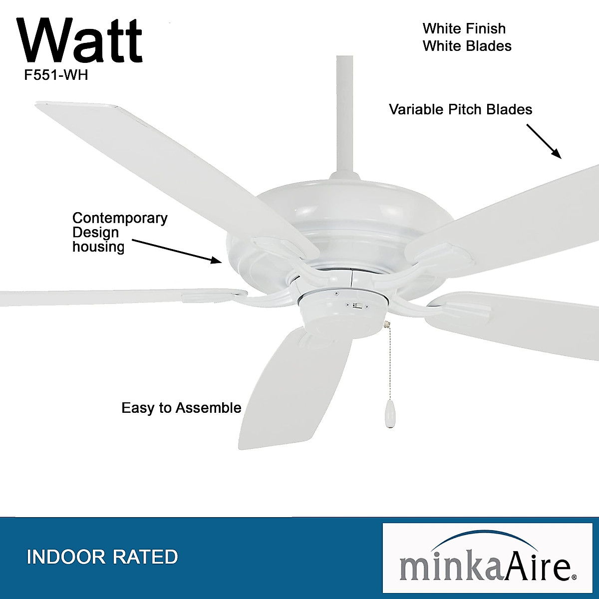 MINKA-AIRE F551-WH Watt 60 Inch Energy Star Rated Ceiling Fan with DC Motor and 4 Speed Pull Chain in White Finish