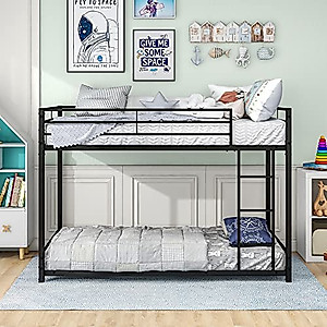 OPTOUGH Twin Over Twin Metal Bunk Bed Frame with Safety Guard Rails, Heavy Duty Space-Saving Design,Black
