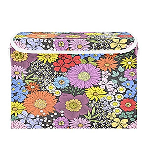 Colorful Flowers Storage Basket 16.5x12.6x11.8 In Collapsible Fabric Storage Cubes Organizer Large Storage Bin with Lids and Handles for Shelves Bedroom Closet Office