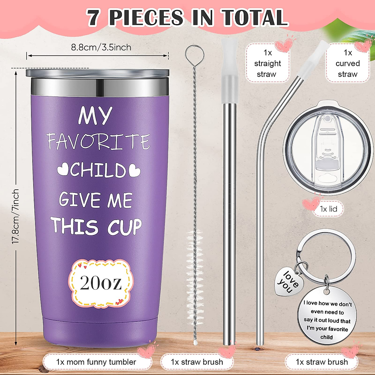 Panitay 7 Pcs Funny Mother's Day Gifts for Mom 20 oz My Favorite Child Give Me Travel Tumbler with Lid Straw Brush Inspirational Mother Keychain Gift Box from Daughter Son (Purple)