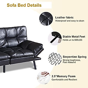 MUUEGM Futon Sofa Bed,Modern Futon Couch,Faux Leather Sofa Couch with Adjustable Armrests and Back,Convertible Sleeper Sofa,Couches for Living Room,Dorm,Office and Small Space/Black