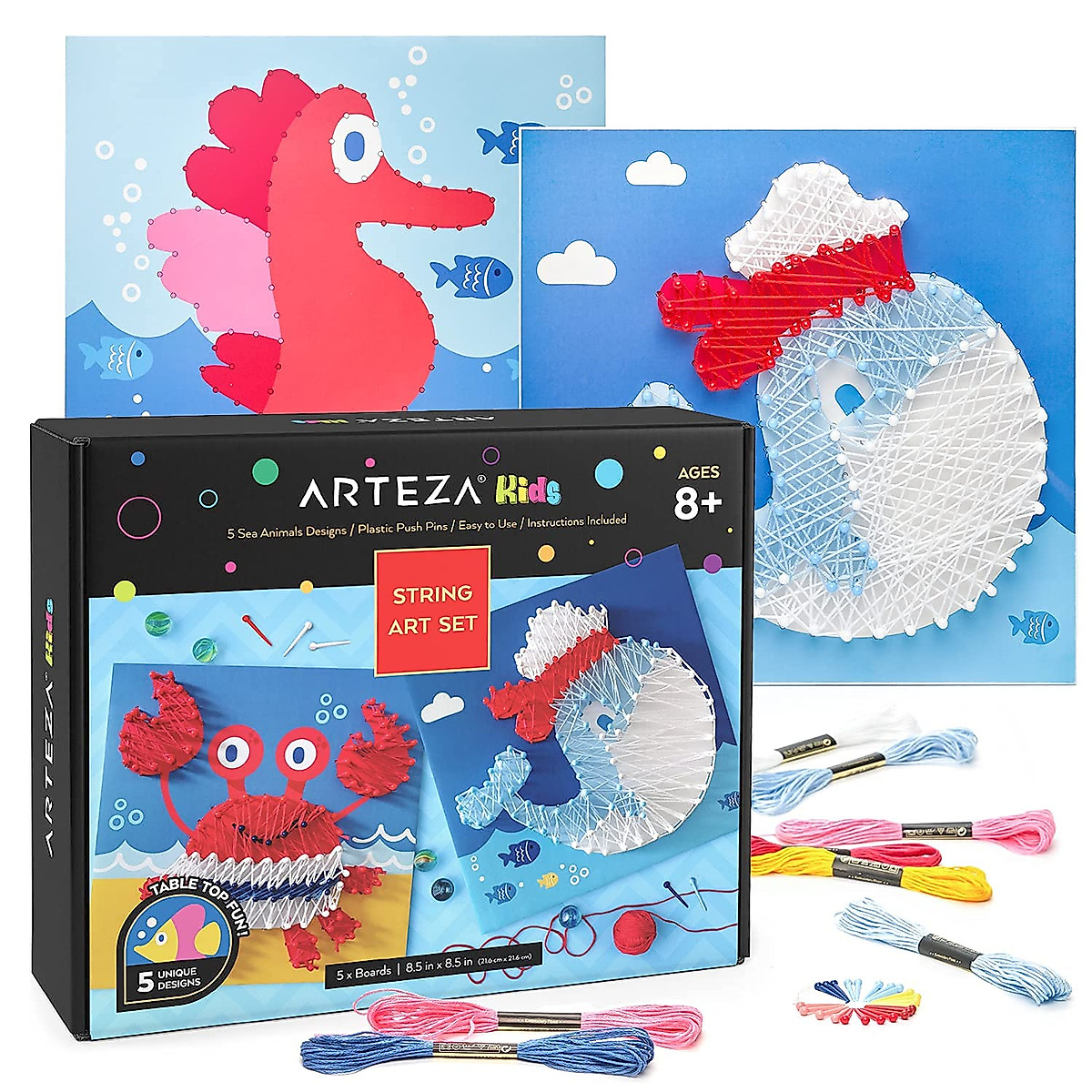 Arteza Kids String Art Kit, Set of 5 Sea Animal Designs and Decorative Scissors, Set of 12 Different Patterns, 5.5 Inches, Art Supplies for Kids Craft Projects and Free Time Activities
