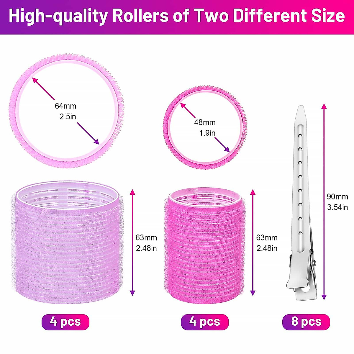 Self Grip Hair Rollers Curlers 16 Pcs Set with 8Pcs Hair Rollers 2 Sizes (4 Jumbo & 4 Large) and 8 Pcs Hair Clips for Long Medium Short Thick Fine Thin Hair Volume