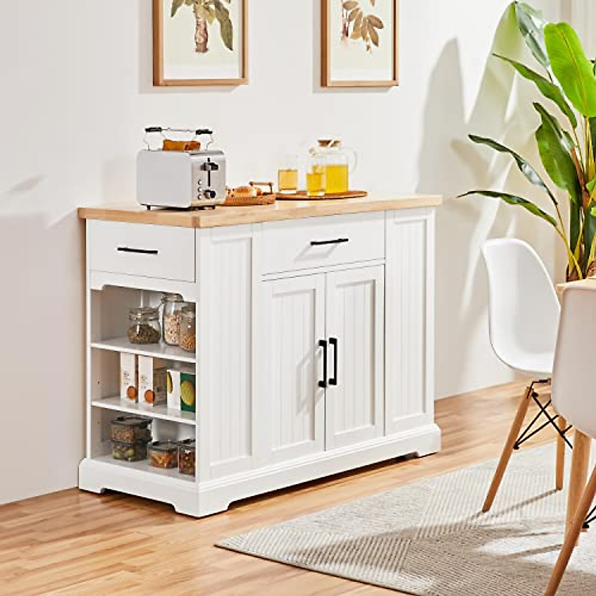 Yaheetech Rolling Kitchen Island Cart with 3 Drawers, Kitchen Storage Cabinet on Wheels with Open Shelves and Inner Adjustable Shelves for Dinning Room/Living Room, Thicker Rubberwood Top, White