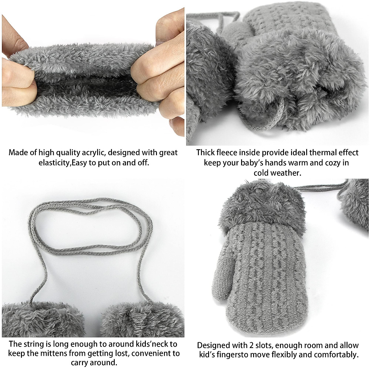 Toddlers Winter Thermal Knitted Mittens - Fleece Lined Warm Thicken Gloves with String for Boys Girls 1-4Yrs