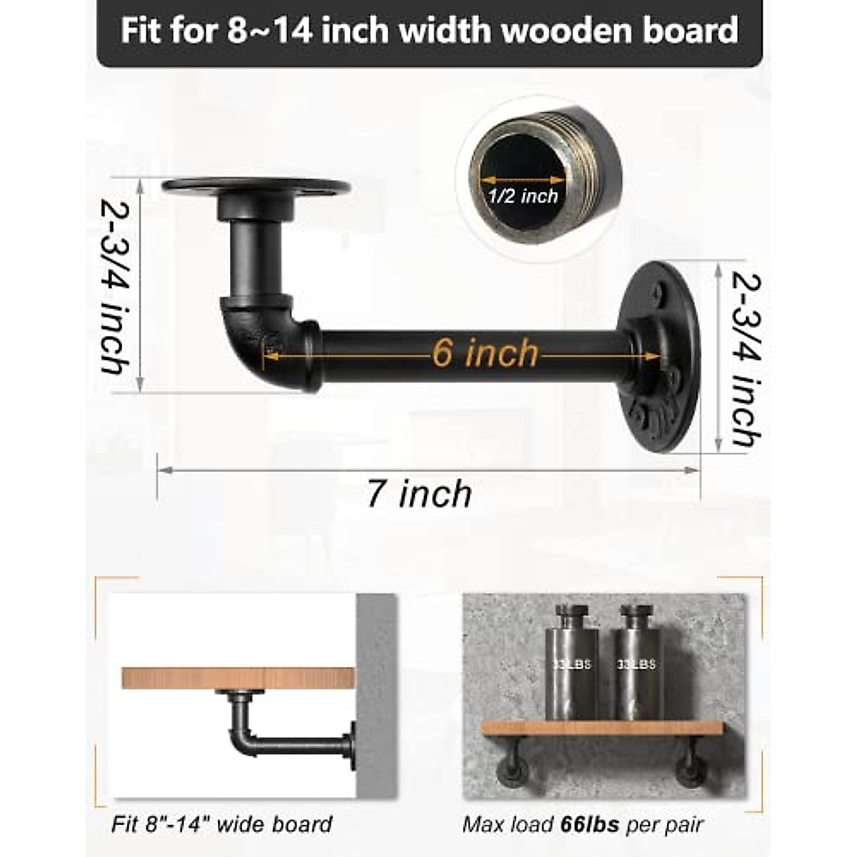 LuckIn Pipe Shelf Brackets for DIY 8 10 12 14 Inch Floating Shelves, Industrial Iron Pipe Bracket, Heavy Duty Metal Shelving Brackets, Black, 6-Pack