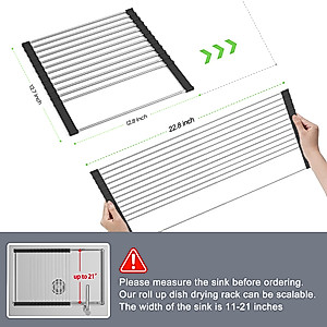 BBXTYLY Black Expandable Roll Up Dish Drying Rack Up to 22.8''with 2 Storage Baskets,Over The Sink Rolling up Dish Drainer, Foldable,Rollable,for Kitchen Dishes,Cups