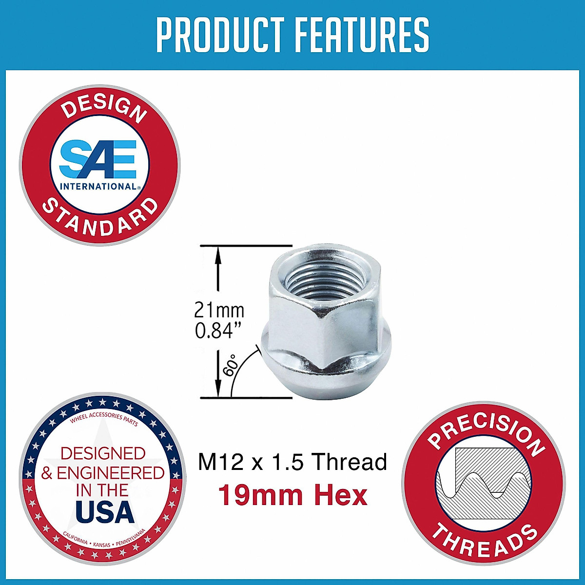 Wheel Accessories Parts 20 Pcs M12 x 1.5 12 x 1.5 Thread Open End Bulge Acorn 21mm 0.84" Long Lug Nuts Zinc 3/4" 19mm Hex Fits Many Chevy Honda Toyota Passenger Cars with Aftermarket Wheels