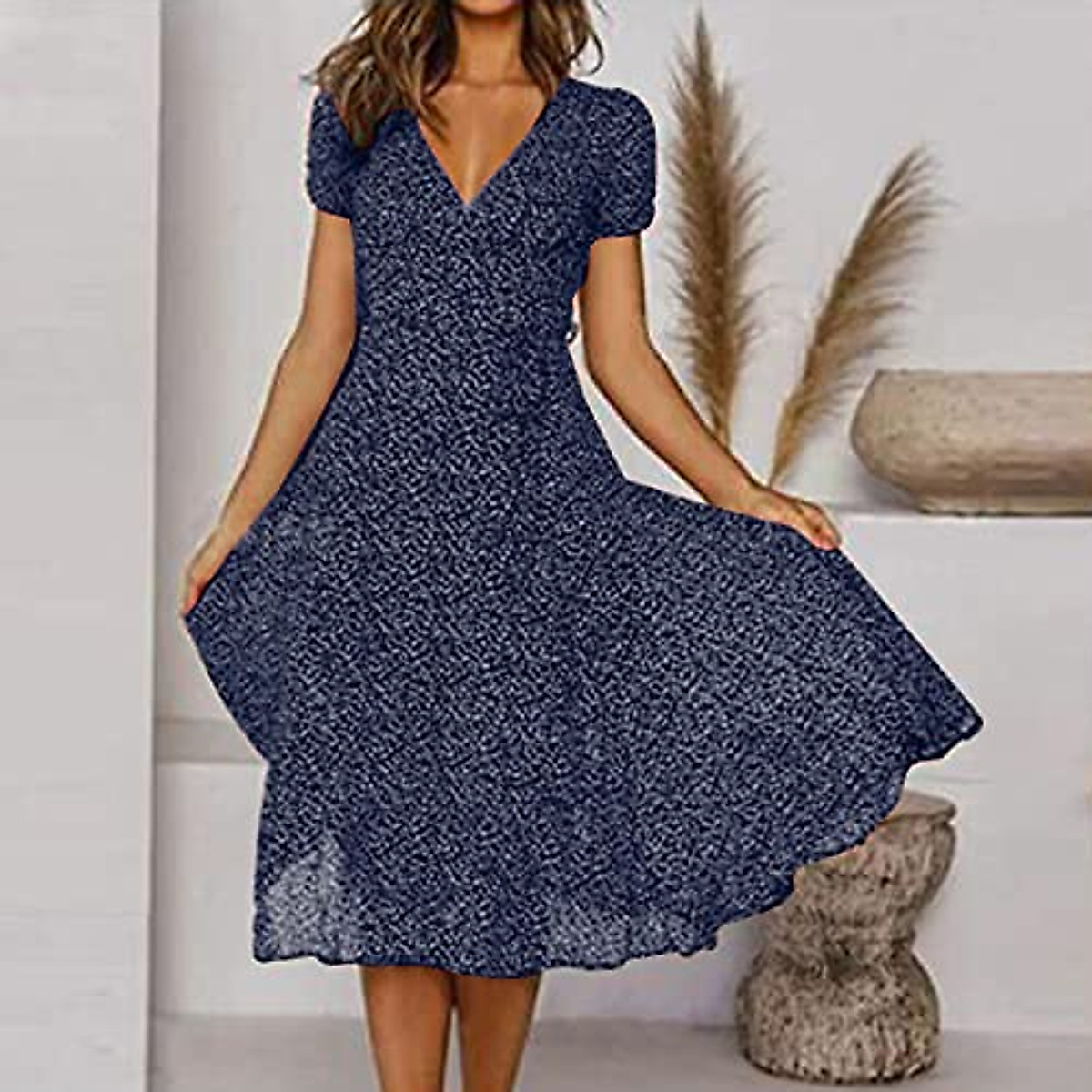Women Casual Dress Summer Dress V Neck Solid Color Polka Dot Print Dress Short Sleeve Lace Up Tie Sexy Plus Size Dresses