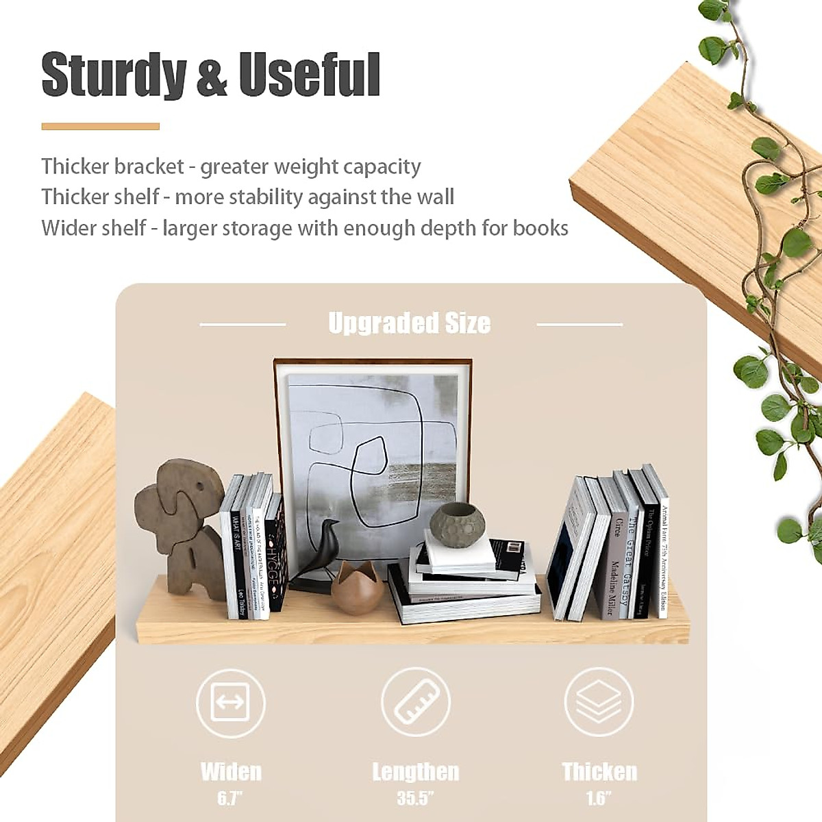 Habudda Floating Shelves, Wood Wall Shelf, Natural Wooden Home Decor for Bathroom Kitchen Bedroom, Hanging Mounted Invisible Bracket, Extra Long 35.5 Inch, Set of 2