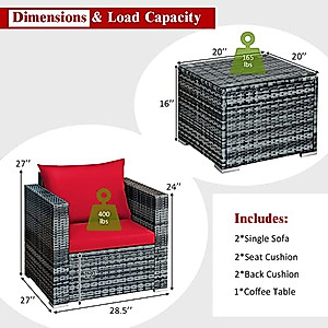 SAWQF 3 PC Patio Rattan Furniture Bistro Set Cushioned Sofa Chair Table Red