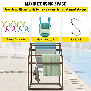VEVOR Pool Towel Rack, 5 Bar, Brown, Freestanding Outdoor PVC Trapedozal Poolside Storage Organizer, Include 8 Towel Clips, Mesh Bag, Hook, Also Stores Floats and Paddles, for Beach, Swimming Pool