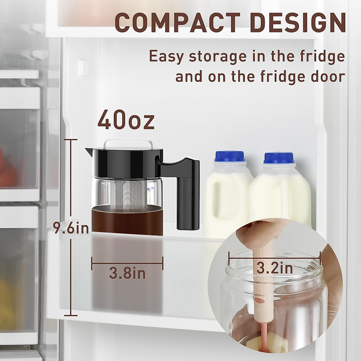 Cold Brew Coffee Maker Pitcher - 40 Oz Glass Ice Coffee Spout Jug with Filter for Iced Tea, Cold Brewed Coffee Maker, Black