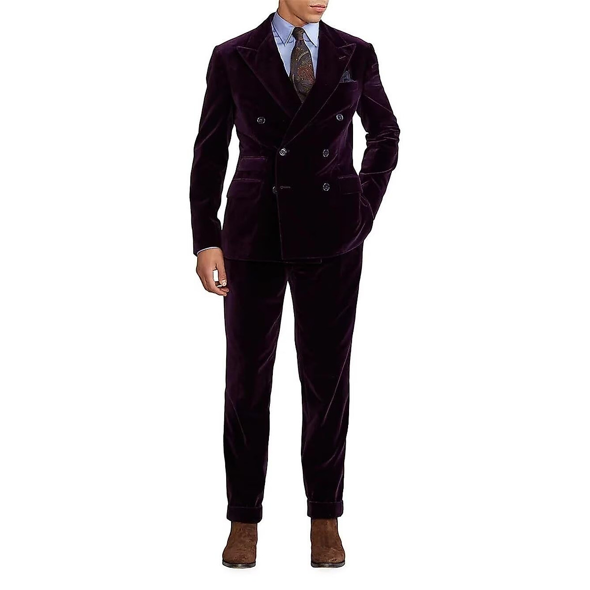 Men's Slim Fit Velvet Blazer Tuxedo 2 Piece Double Breasted Suits for Wedding Prom Grey Size M