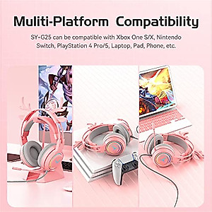 Atrasee Stereo Gaming Headset for PS4 PC Xbox One PS5 Controller, Noise Cancelling Over Ear Headphones with Mic, LED Light, Bass Surround, Soft Memory Earmuffs for Laptop Mac Nintendo (Pink Antlers)