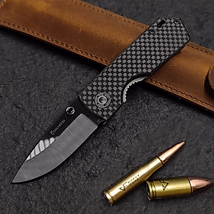 Cool Hand 5.2'' Carbon Fiber Folding Knife, 2'' Polished Black Mirror Ceramic Blade, EDC Foldable Pocket Knife, Liner Lock, 1.5 OZ Light Wight, Ambi Thumb Stud