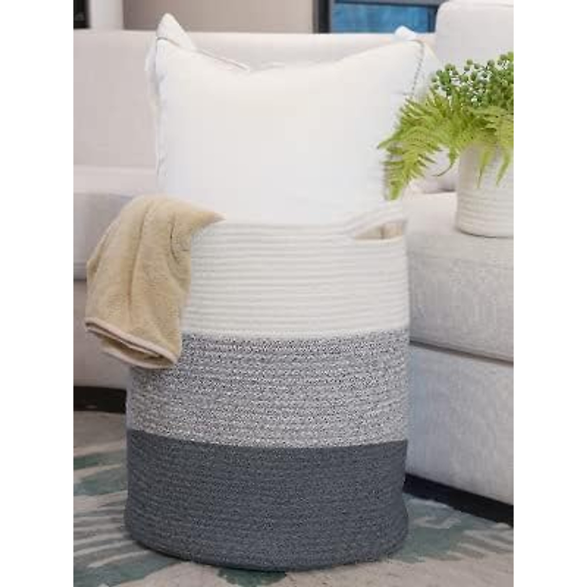 COMFY-HOMI XXL Large Laundry Basket with Handles Blanket Baskets Living Room|Woven Cotton Rope Decorative Basket Laundry Hamper Baby Gift Nursery Dog Toy Storage Organizer Bin-16”x18”-3Tone Grey